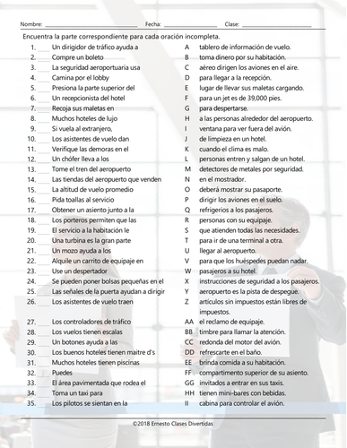 Airports and Hotels Sentence Match Spanish Worksheet | Teaching Resources