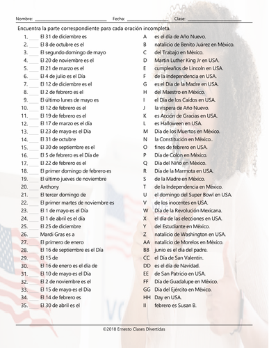 American versus Mexican Holidays Sentence Match Spanish Worksheet ...