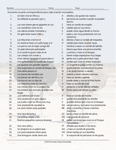 Animals Sentence Match Spanish Worksheet | Teaching Resources