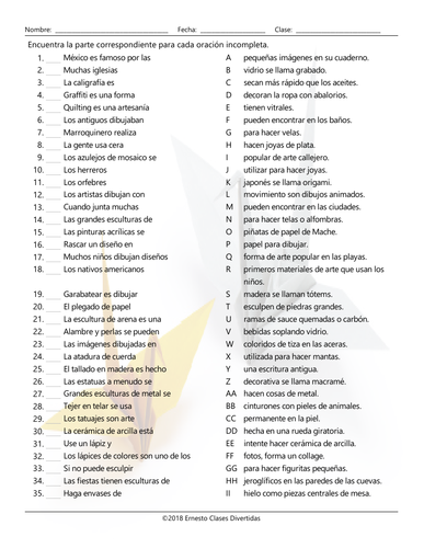 Art Forms Sentence Match Spanish Worksheet | Teaching Resources