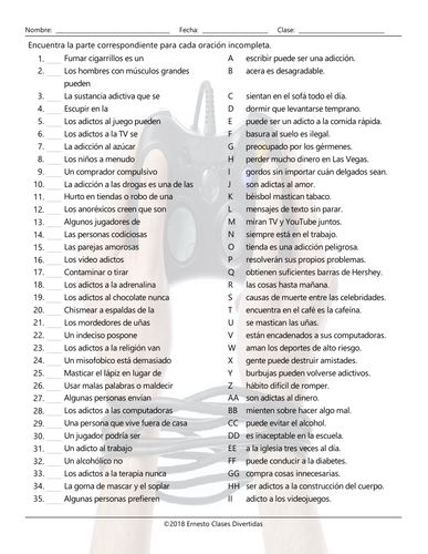 Bad Habits and Addictions Sentence Match Spanish Worksheet | Teaching ...