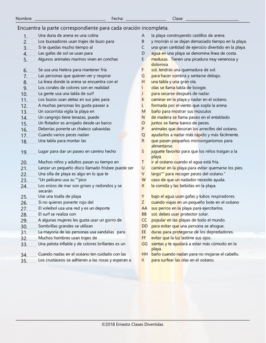 Beach Things and Activities Sentence Match Spanish Worksheet | Teaching ...