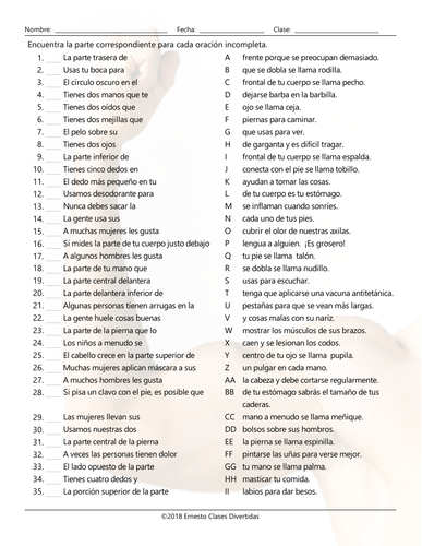 Body Parts Sentence Match Spanish Worksheet | Teaching Resources