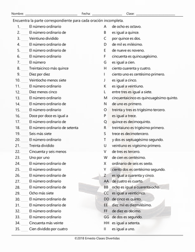 Cardinal and Ordinal Numbers Sentence Match Spanish Worksheet ...