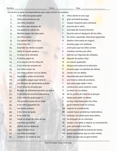 Childhood Activities Sentence Match Spanish Worksheet | Teaching Resources