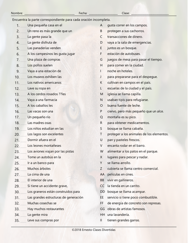 City versus Country Sentence Match Spanish Worksheet | Teaching Resources