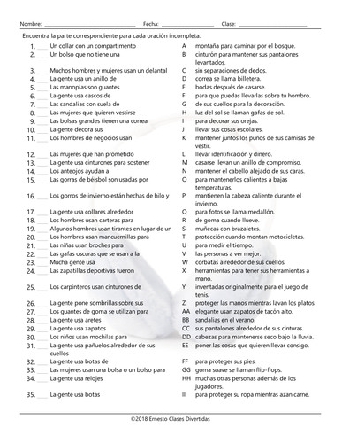 Clothing Accessories, Footwear, and Jewelry Sentence Match Spanish ...