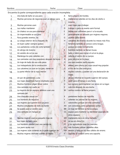 Clothing Items Sentence Match Spanish Worksheet | Teaching Resources