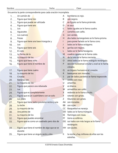 Colors and Shapes Sentence Match Spanish Worksheet | Teaching Resources