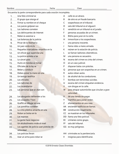 Crime, Law Enforcement, and Courts Sentence Match Spanish Worksheet ...