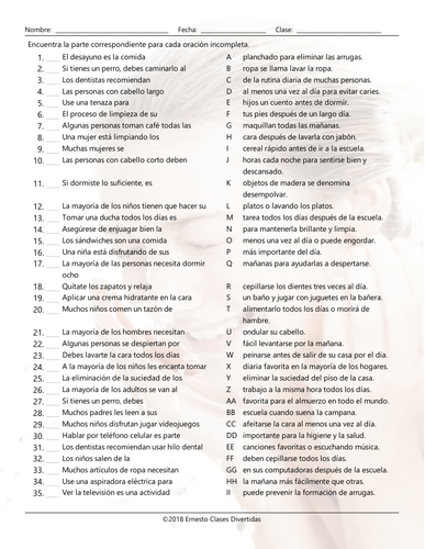Daily Activities Sentence Match Spanish Worksheet | Teaching Resources