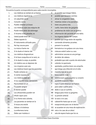 Doctor's, Illnesses and Injuries Sentence Match Spanish Worksheet ...