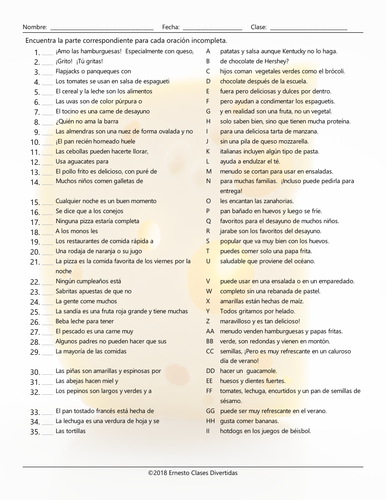 Food Items Sentence Match Spanish Worksheet | Teaching Resources