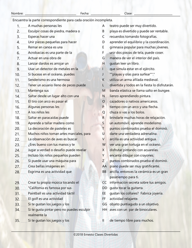 Free Time and Hobbies Sentence Match Spanish Worksheet | Teaching Resources