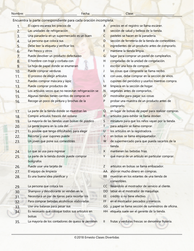 Grocery Shopping Sentence Match Spanish Worksheet | Teaching Resources