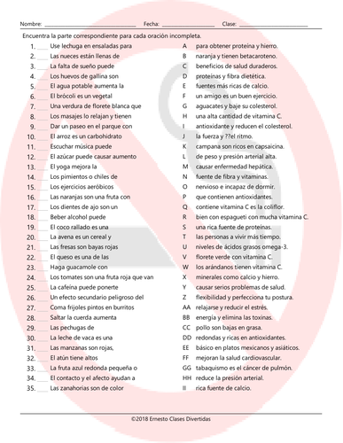 Healthy Lifestyle and Nutrition Sentence Match Spanish Worksheet ...