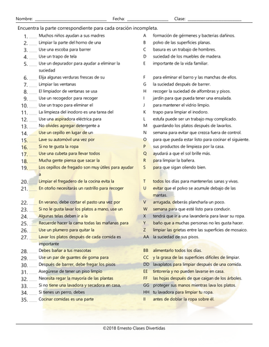 Household Chores and Cleaning Supplies Sentence Match Spanish Worksheet ...