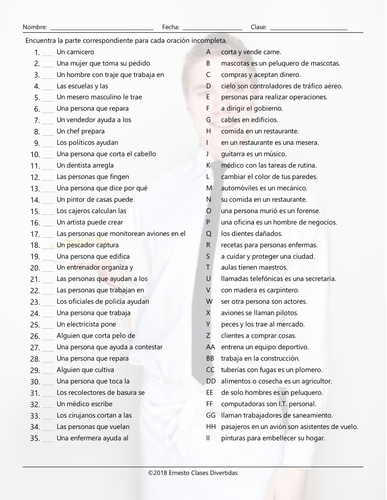 Jobs and Professions Sentence Match Spanish Worksheet | Teaching Resources