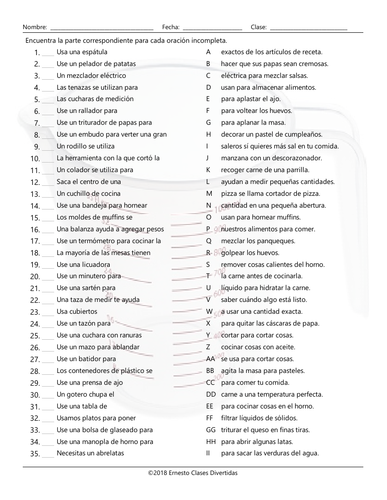 Kitchen Cookware and Utensils Sentence Match Spanish Worksheet ...