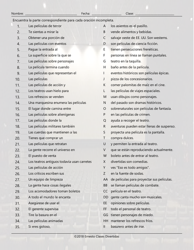 Movie Things and Genres Sentence Match Spanish Worksheet | Teaching ...