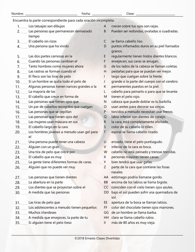 People Descriptions Sentence Match Spanish Worksheet | Teaching Resources