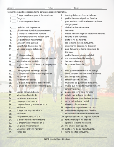 Personal Information Sentence Match Spanish Worksheet | Teaching Resources