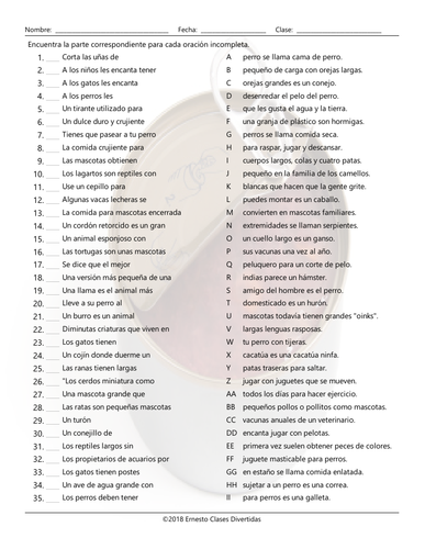 Pets and Pet Care Sentence Match Spanish Worksheet | Teaching Resources