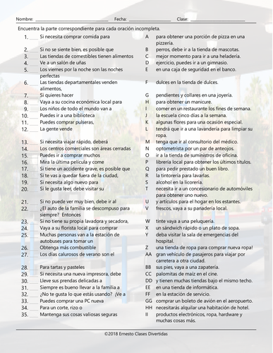 Places and Buildings Sentence Match Spanish Worksheet | Teaching Resources