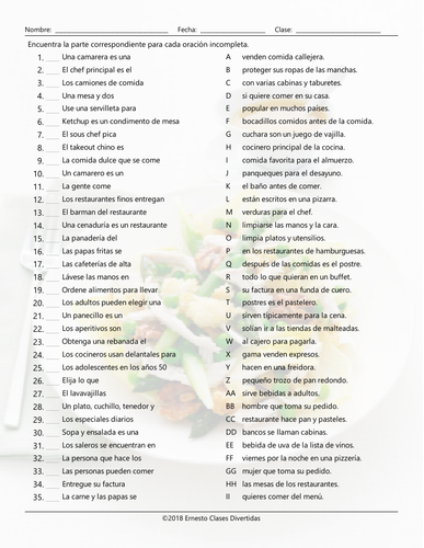 Restaurant Things and Activities Sentence Match Spanish Worksheet ...