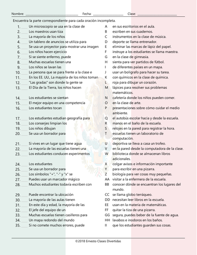 School Items, Places, and Subjects Sentence Match Spanish Worksheet ...