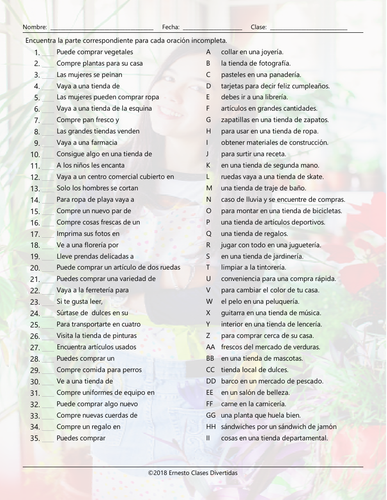 Stores and Shops Sentence Match Spanish Worksheet | Teaching Resources