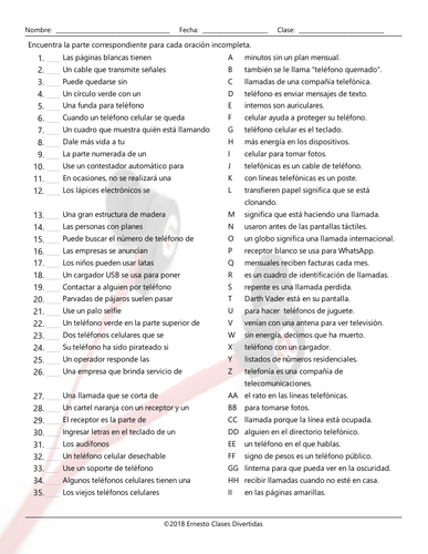 Telephones Sentence Match Spanish Worksheet | Teaching Resources