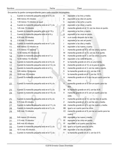 Telling Time Sentence Match Spanish Worksheet | Teaching Resources