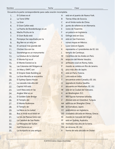 Tourist Attractions Around The World Sentence Match Spanish Worksheet ...