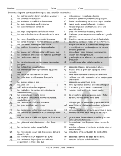 Transportation and Vehicles Sentence Match Spanish Worksheet | Teaching ...
