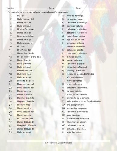 Weekdays, Months, and Dates Sentence Match Spanish Worksheet | Teaching ...