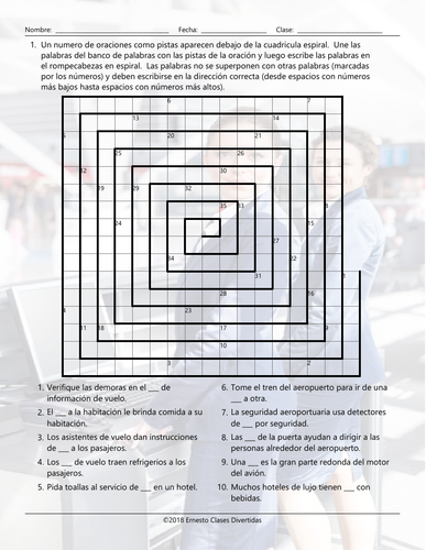 Airports and Hotels Word Spiral Spanish Worksheet | Teaching Resources