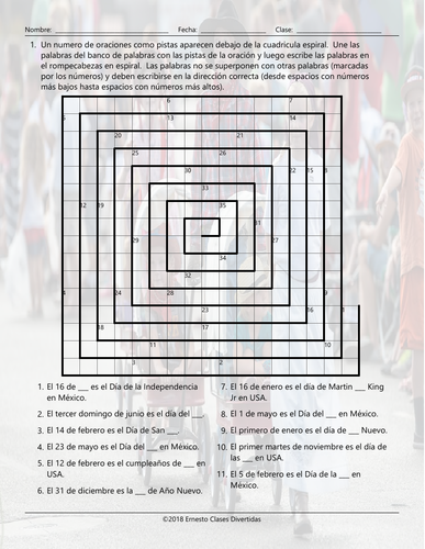 American versus Mexican Holidays Word Spiral Spanish Worksheet ...