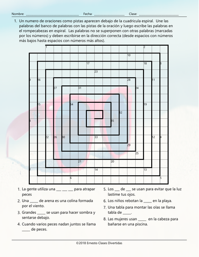 Beach Things and Activities Word Spiral Spanish Worksheet | Teaching ...