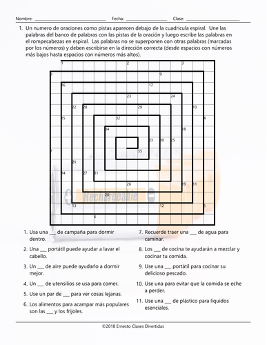 Camping Things and Activities Word Spiral Spanish Worksheet | Teaching ...