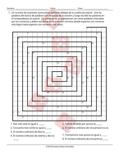 Cardinal and Ordinal Numbers Word Spiral Spanish Worksheet | Teaching ...