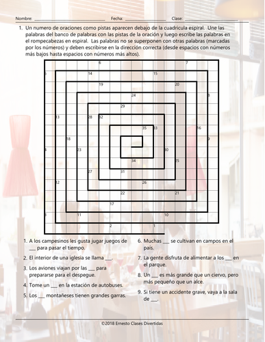 City versus Country Word Spiral Spanish Worksheet | Teaching Resources