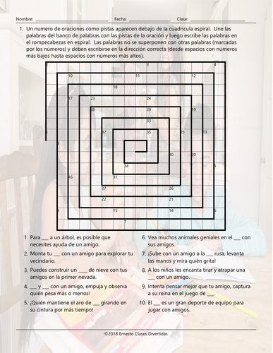 Friendship Activities Word Spiral Spanish Worksheet | Teaching Resources
