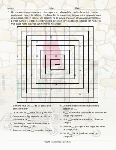 Grocery Shopping Word Spiral Spanish Worksheet | Teaching Resources