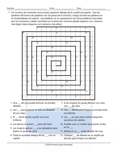 Health and Personal Hygiene Word Spiral Spanish Worksheet | Teaching ...