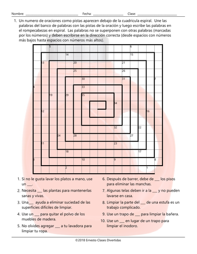 Household Chores and Cleaning Supplies Word Spiral Spanish Worksheet ...
