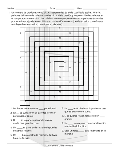 Houses, Rooms, Furniture, and Appliances Word Spiral Spanish Worksheet ...
