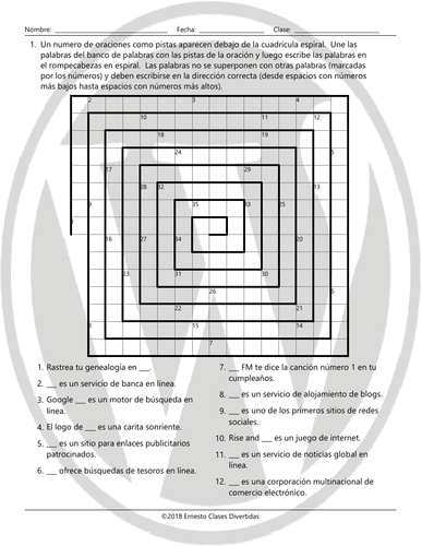 Internet Sites Word Spiral Spanish Worksheet | Teaching Resources