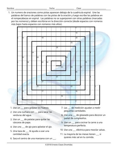 Kitchen Cookware and Utensils Word Spiral Spanish Worksheet | Teaching ...