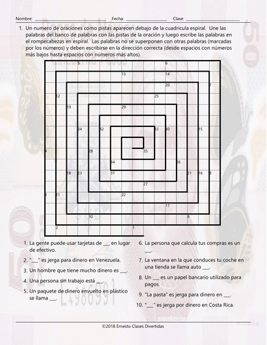 Money and Banking Word Spiral Spanish Worksheet | Teaching Resources
